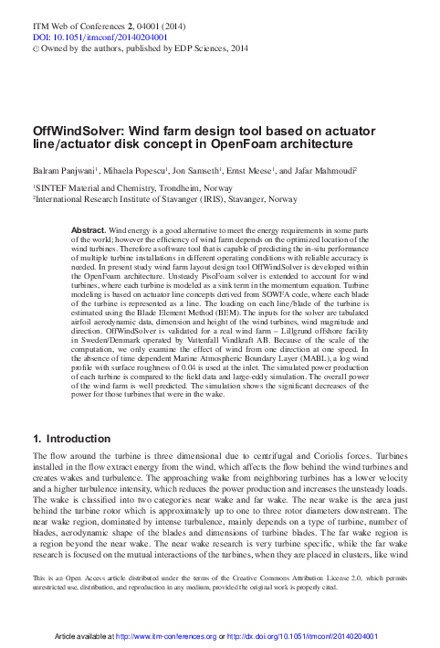 Pdf Offwindsolver Wind Farm Design Tool Based On Actuator Line Actuator Disk Concept In