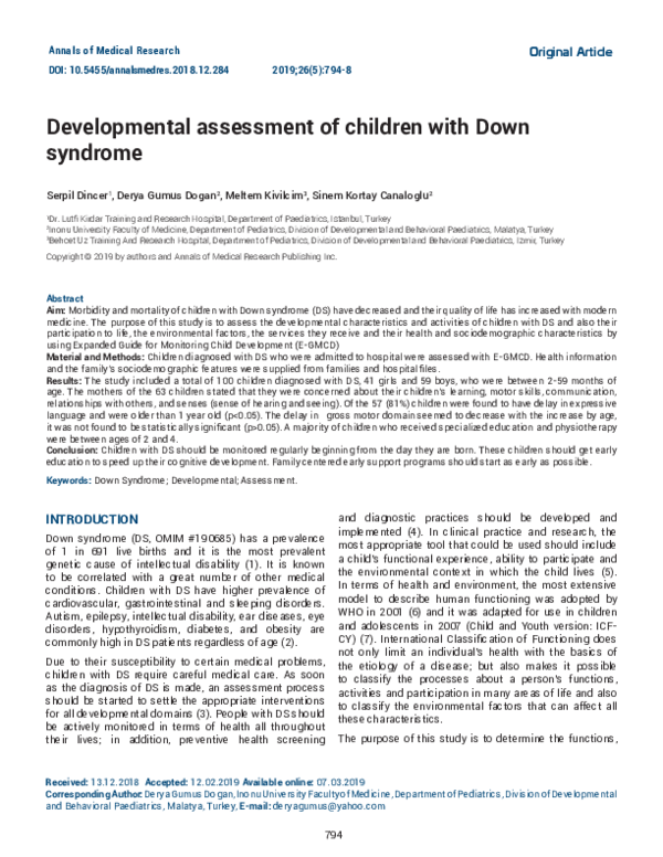 (PDF) Developmental assessment of children with down syndrome