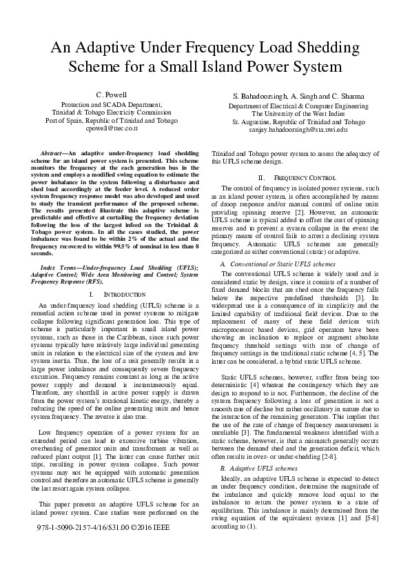 (PDF) An adaptive under frequency load shedding scheme for a small island power system