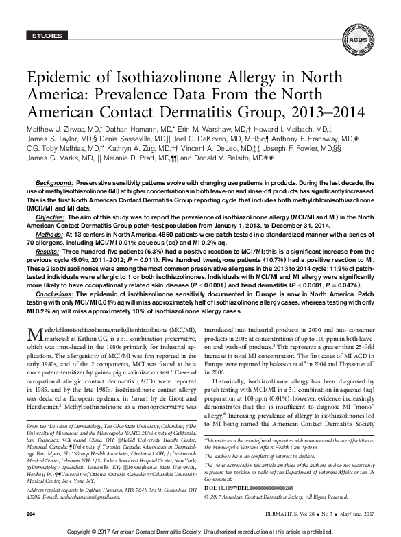 (PDF) Epidemic of Isothiazolinone Allergy in North America: Prevalence ...