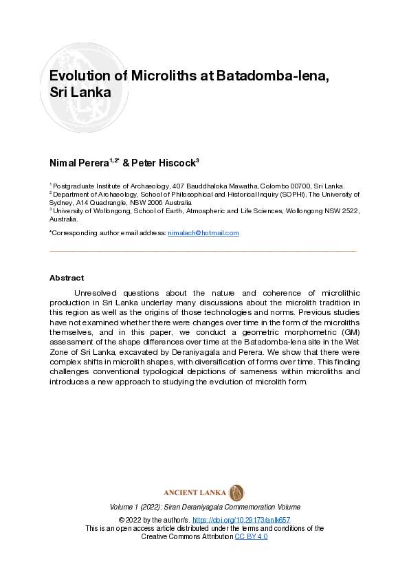 (PDF) Evolution of Microliths at Batadomba-lena, Sri Lanka