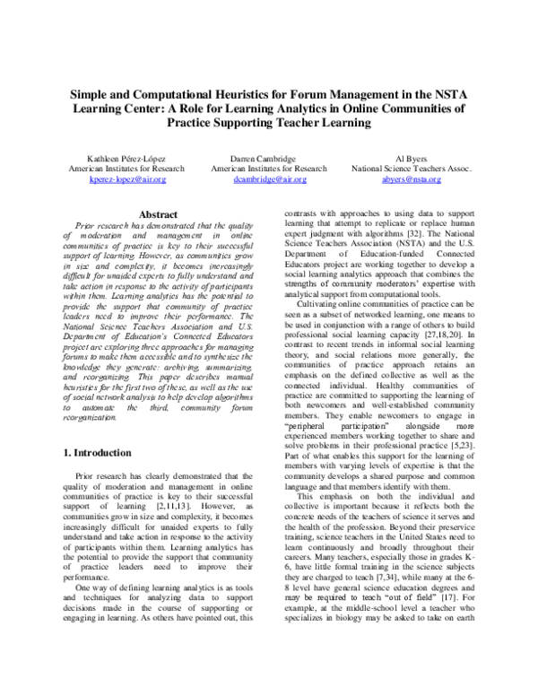 (PDF) Simple and Computational Heuristics for Forum Management in the NSTA Learning Center: A ...