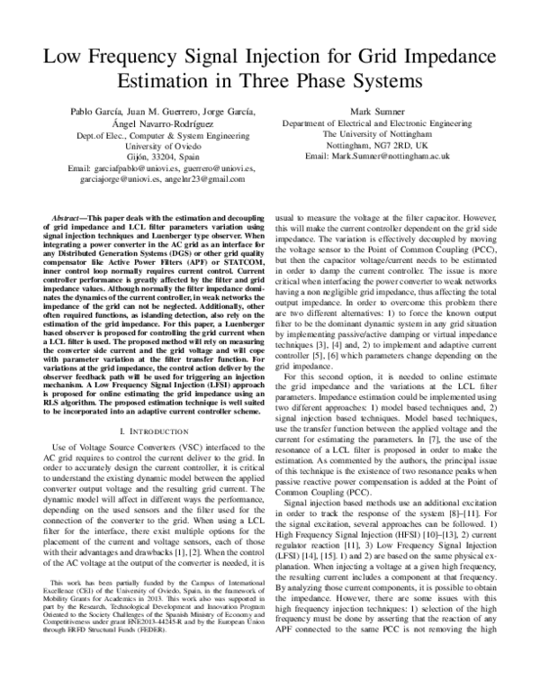 Pdf Low Frequency Signal Injection For Grid Impedance Estimation In Three Phase Systems