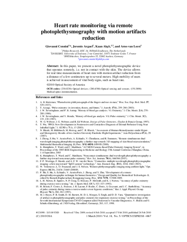 (PDF) Heart rate monitoring via remote photoplethysmography with motion ...