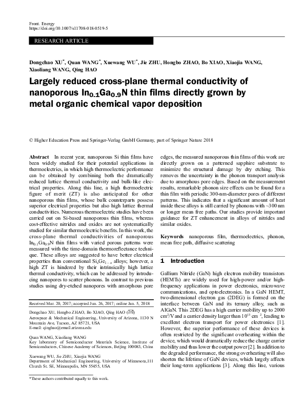 (PDF) Largely reduced cross-plane thermal conductivity of nanoporous ...