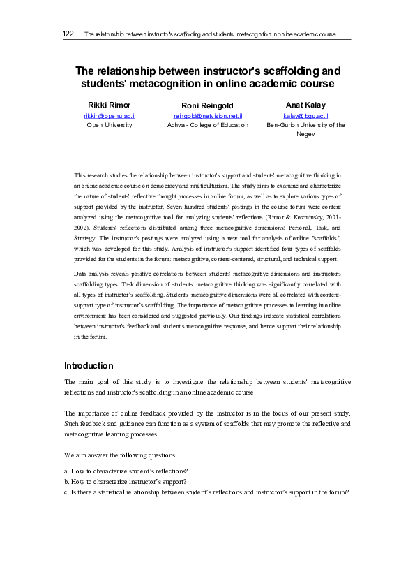 (PDF) The relationship between instructor's scaffolding and students' metacognition in online ...