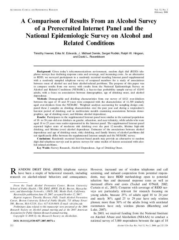 (PDF) A Comparison of Results From an Alcohol Survey of a Prerecruited ...
