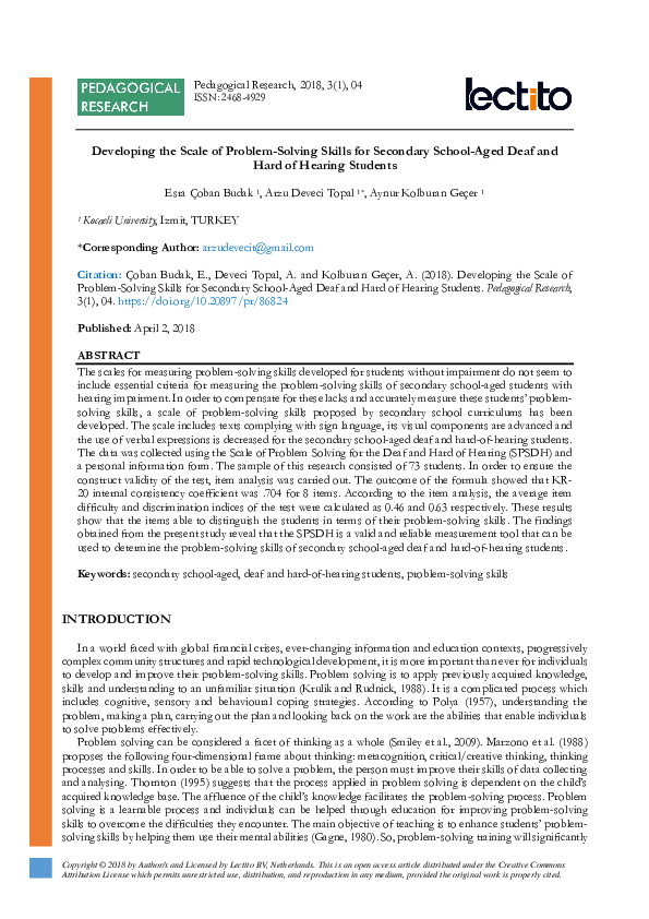 (PDF) Developing the Scale of Problem-Solving Skills for Secondary School-Aged Deaf and Hard of ...