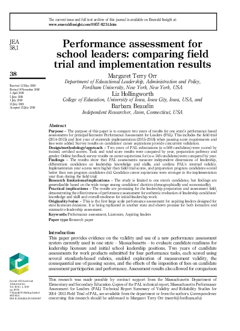 (PDF) Performance assessment for school leaders: comparing field trial and implementation results