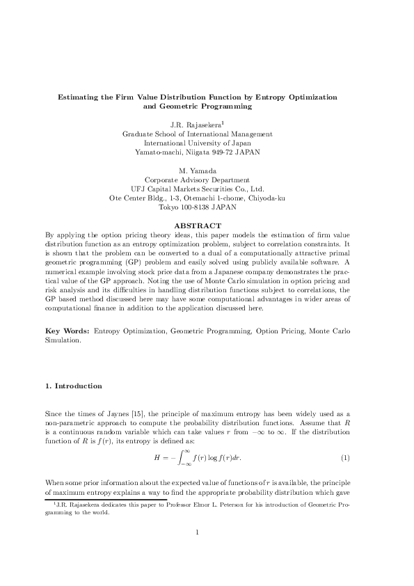(PDF) Estimating the Firm Value Distribution Function by Entropy Optimization and Geometric ...