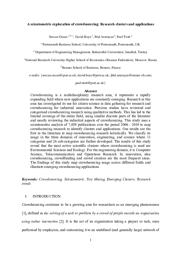 (PDF) A Scientometric Exploration of Crowdsourcing: Research Clusters ...