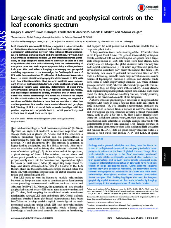 (PDF) Large-scale climatic and geophysical controls on the leaf economics spectrum