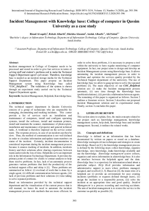 (PDF) Incident Management with Knowledge base: College of computer in Qassim University as a ...