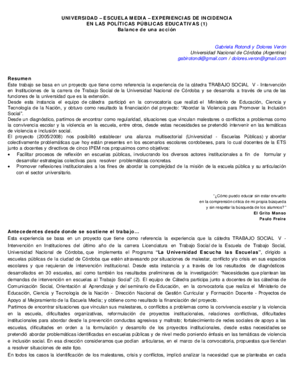 (PDF) UNIVERSIDAD–ESCUELA MEDIA–EXPERIENCIAS DE INCIDENCIA EN LAS POLÍTICAS PÚBLICAS EDUCATIVAS ...