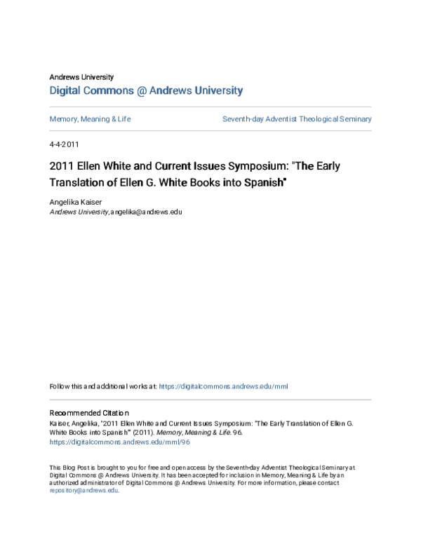 (PDF) 2011 Ellen White and Current Issues Symposium: "The Early ...