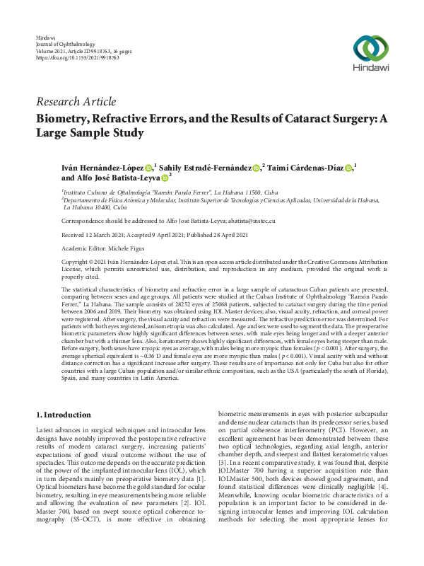 (PDF) Biometry, Refractive Errors, and the Results of Cataract Surgery ...