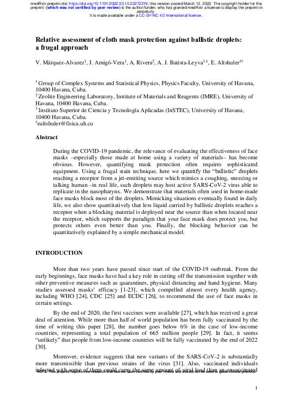 (PDF) Relative assessment of cloth mask protection against ballistic ...