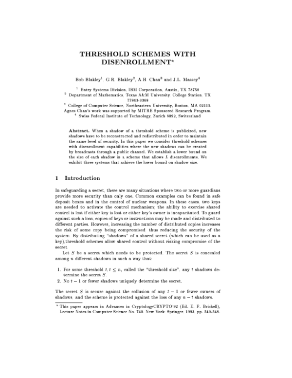 (PDF) Threshold Schemes with Disenrollment