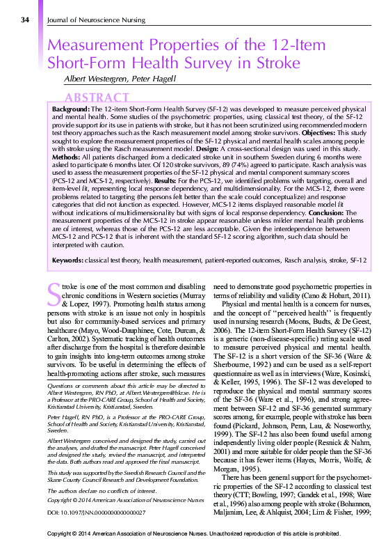 (PDF) Measurement Properties of the 12-Item Short-Form Health Survey in ...