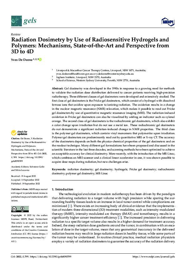(PDF) Radiation Dosimetry by Use of Radiosensitive Hydrogels and ...