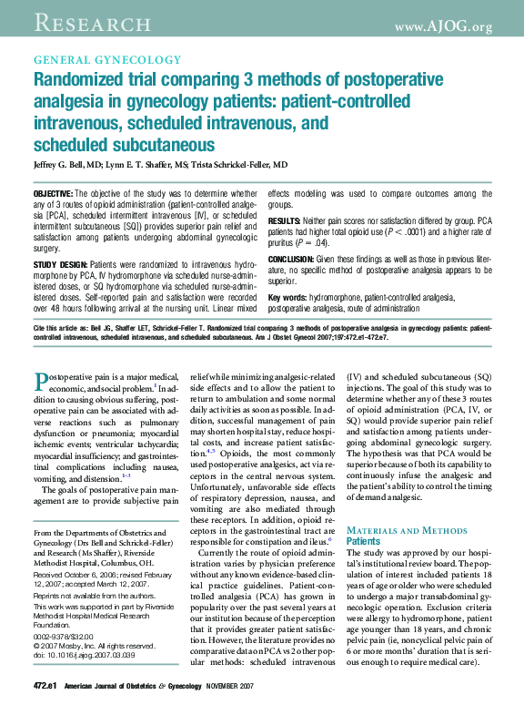 Randomized trial comparing 3 methods of postoperative analgesia in gynecology patients: patient ...