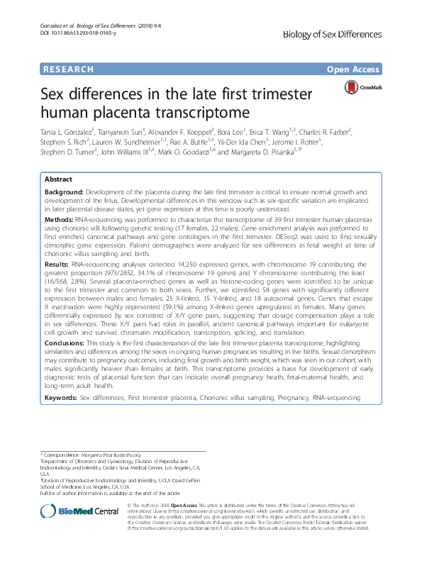 Pdf Sex Differences In The Late First Trimester Human Placenta