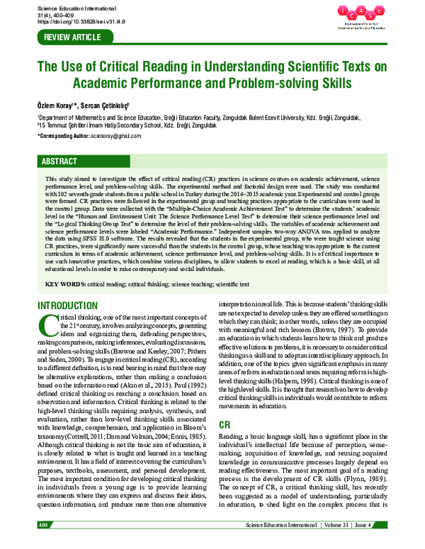 (PDF) The Use of Critical Reading in Understanding Scientific Texts on ...