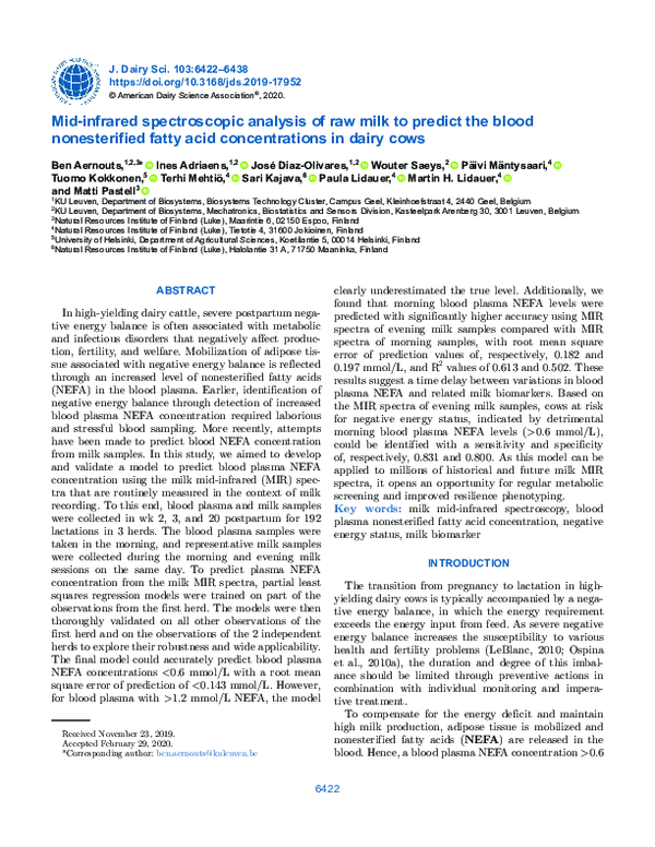 (PDF) Mid-infrared spectroscopic analysis of raw milk to predict the blood nonesterified fatty ...