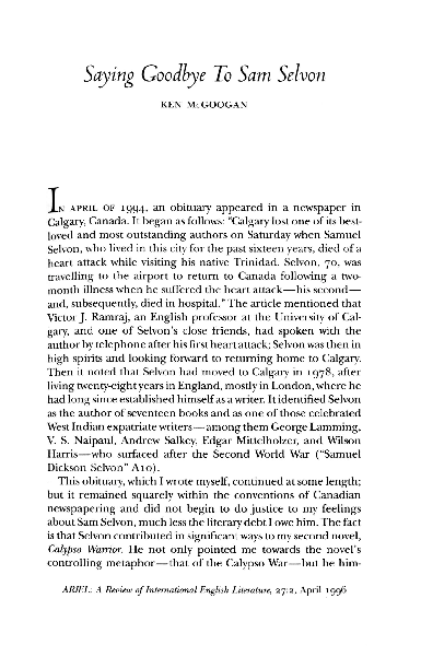 (PDF) Saying Goodbye to Sam Selvon