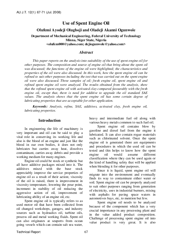 (PDF) Use of Spent Engine Oil
