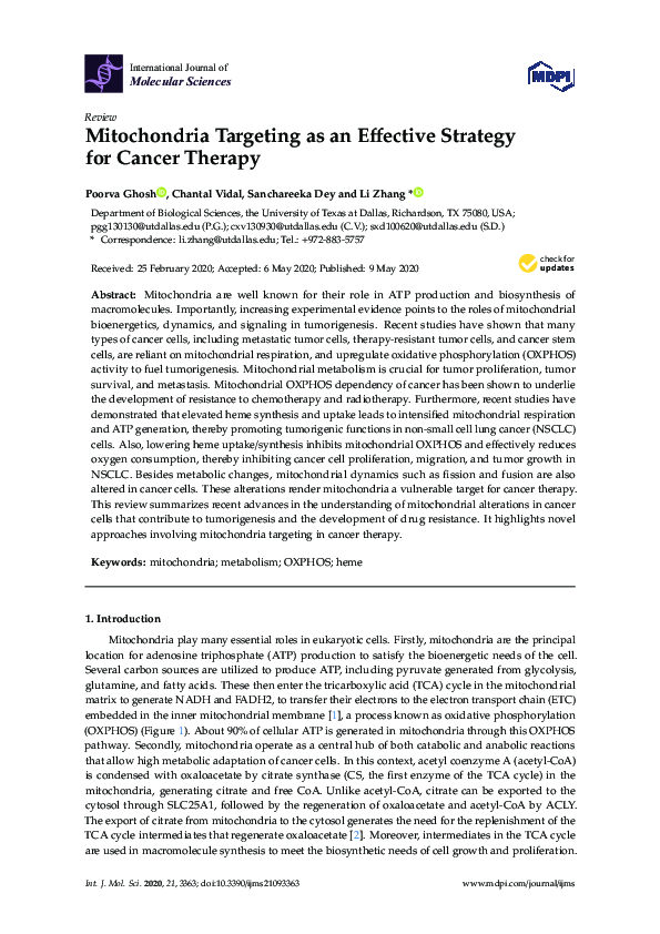 (PDF) Mitochondria Targeting as an Effective Strategy for Cancer Therapy