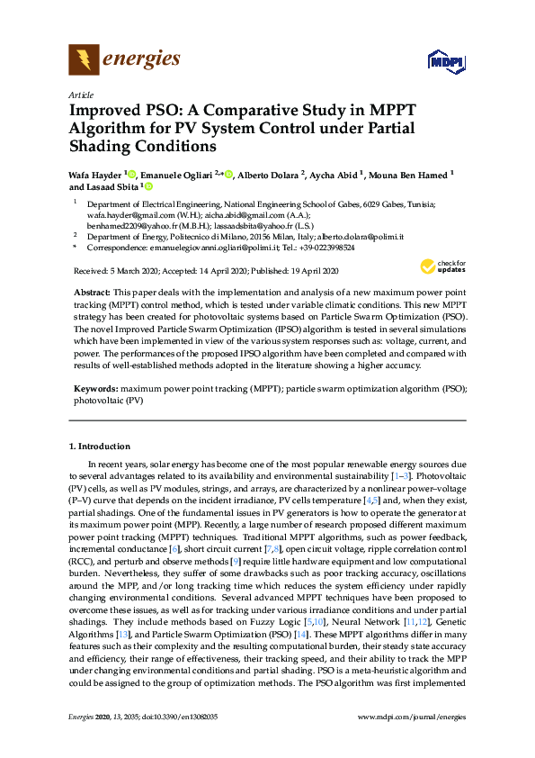 (PDF) Improved PSO: A Comparative Study in MPPT Algorithm for PV System Control under Partial ...