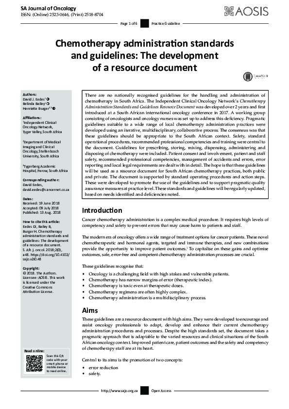 (PDF) Chemotherapy administration standards and guidelines: The ...