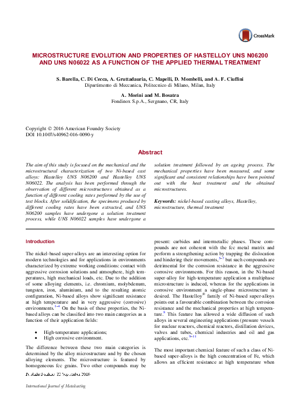 (PDF) Microstructure Evolution and Properties of Hastelloy UNS N06200 and UNS N06022 as a ...