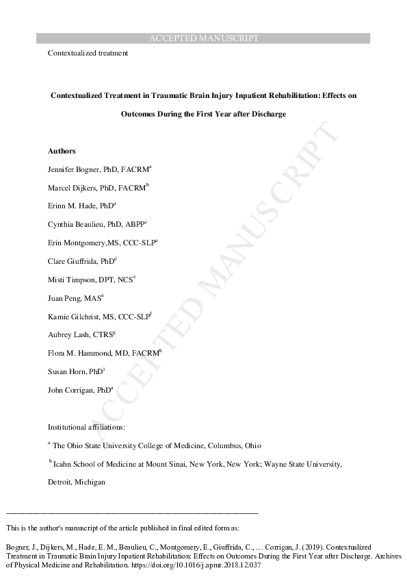 (PDF) Contextualized Treatment in Traumatic Brain Injury Inpatient ...