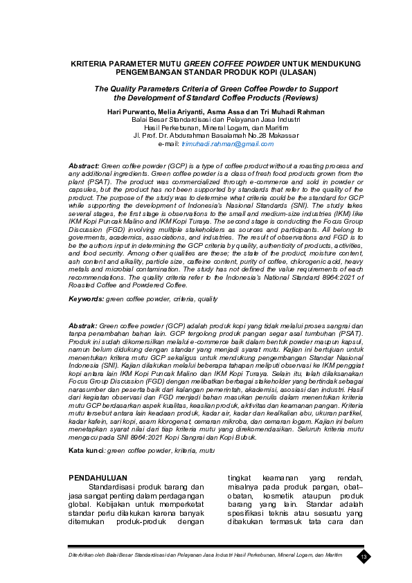 (PDF) Kriteria Parameter Mutu Green Coffee Powder Untuk Mendukung Pengembangan Standar Produk ...