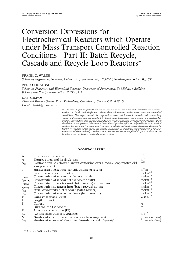 (PDF) Conversion Expressions for Electrochemical Reactors which Operate ...