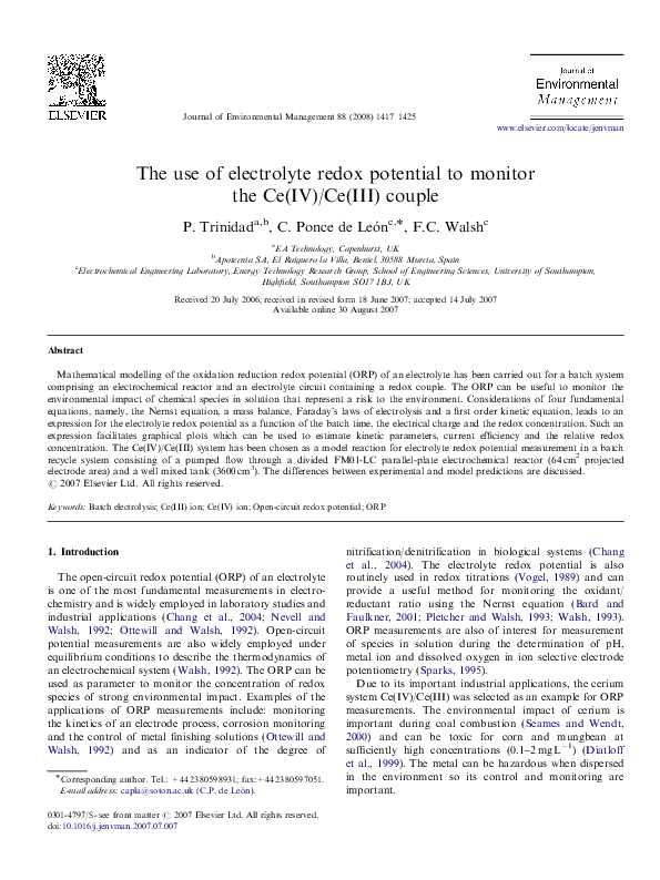 (PDF) The use of electrolyte redox potential to monitor the Ce(IV)/Ce ...