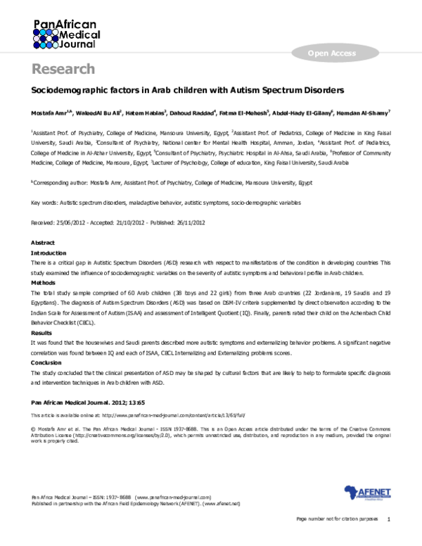 (PDF) Sociodemographic factors in Arab children with Autism Spectrum ...