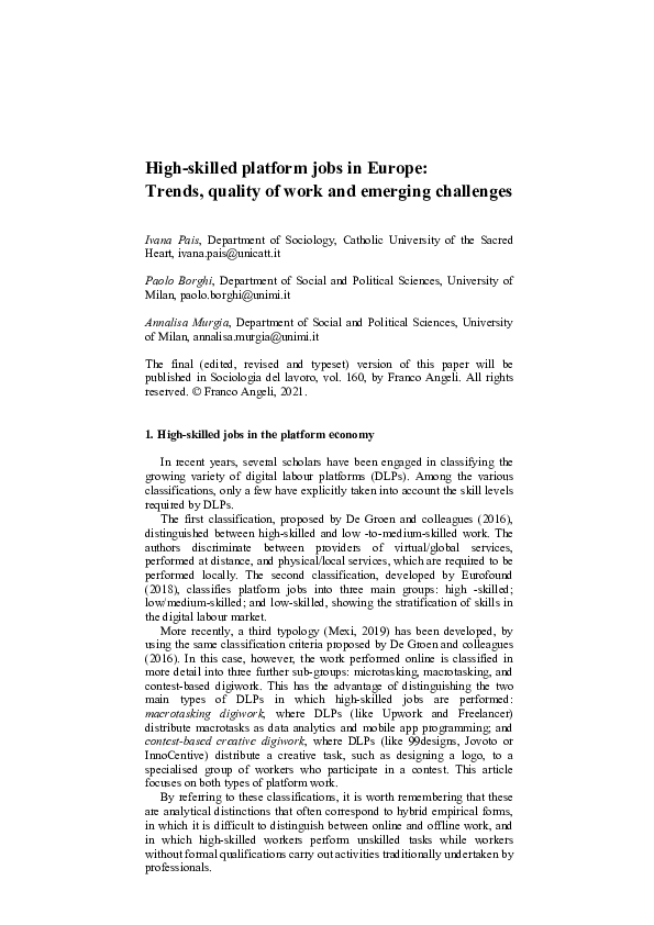 (PDF) High-skilled platform jobs in Europe: Trends, quality of work and ...