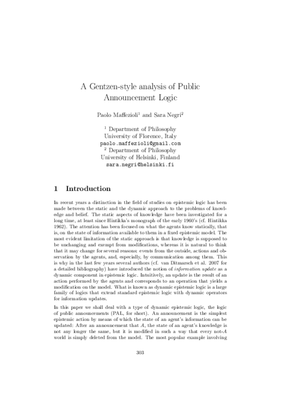 (PDF) A gentzen-style analysis of public announcement logic