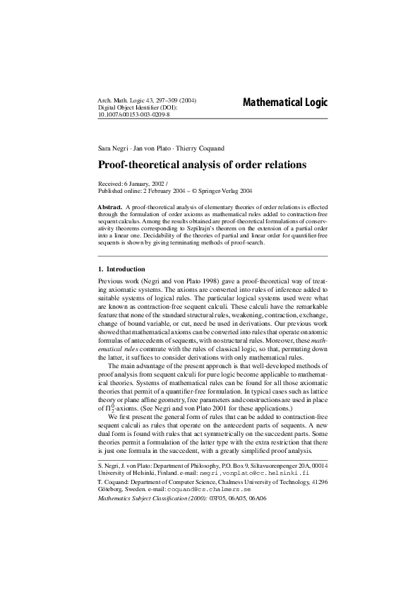 (PDF) Proof-theoretical analysis of order relations