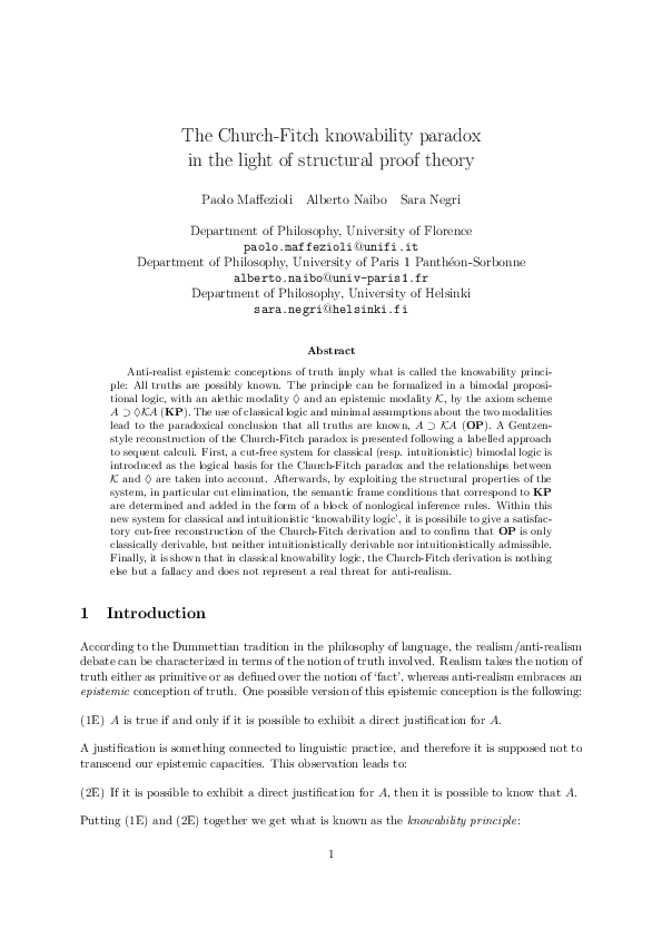 (PDF) The Church–Fitch knowability paradox in the light of structural proof theory
