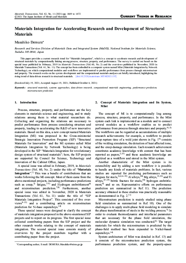 (PDF) Materials Integration for Accelerating Research and Development ...