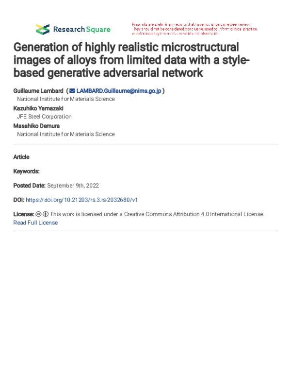 (PDF) Generation of highly realistic microstructural images of alloys from limited data with a ...