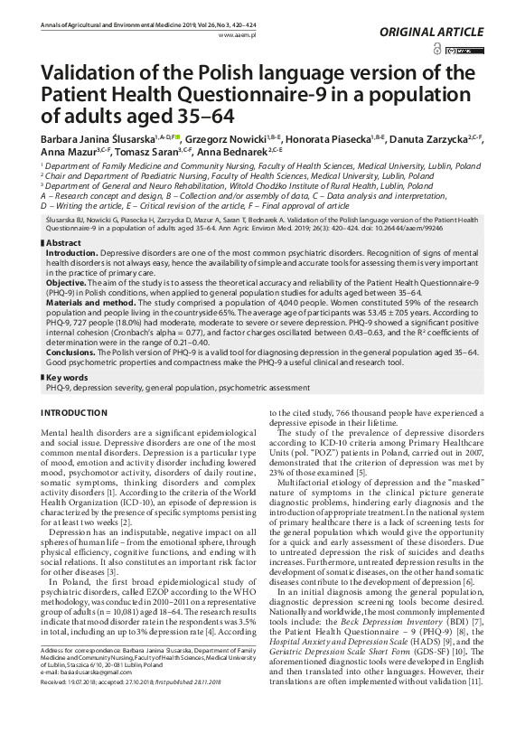 (PDF) Validation of the Polish language version of the Patient Health ...
