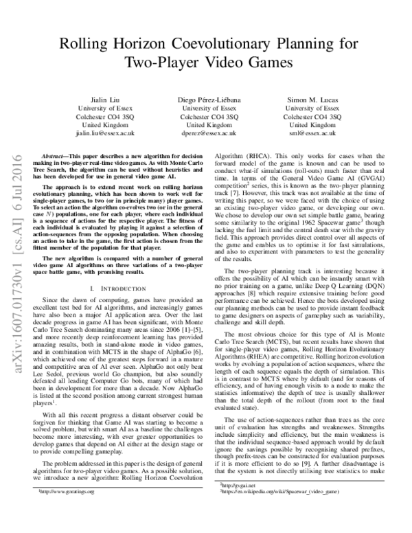 (PDF) Rolling Horizon Coevolutionary planning for two-player video games