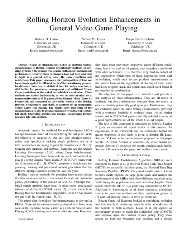 (PDF) Rolling horizon evolution enhancements in general video game playing