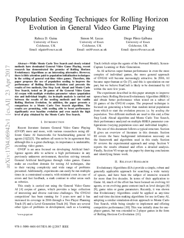 (PDF) Population seeding techniques for Rolling Horizon Evolution in ...