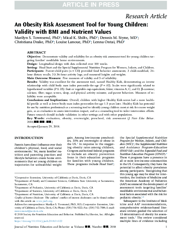 (PDF) An Obesity Risk Assessment Tool for Young Children: Validity With ...